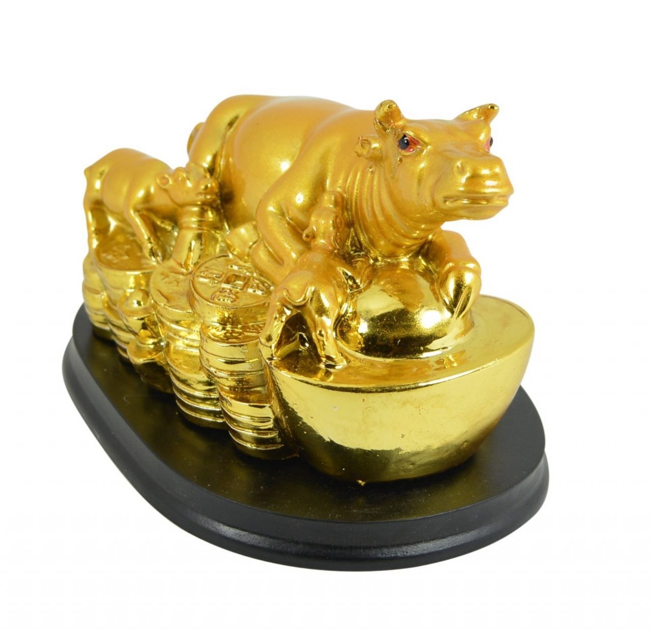 Wealth Cow Sitting On Chinese Coins And Ingots With Golden Finish ...
